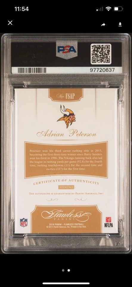 2016 Panini Flawless Adrian Peterson Signature Platinum 1/1 PSA 8 | eBay