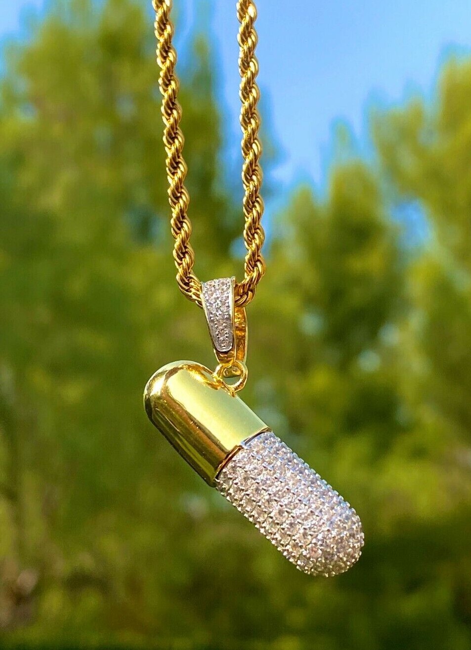 Capsule Pill Medicine Iced Charm Pendant Men's Women Icy 14k Gold Rope ...