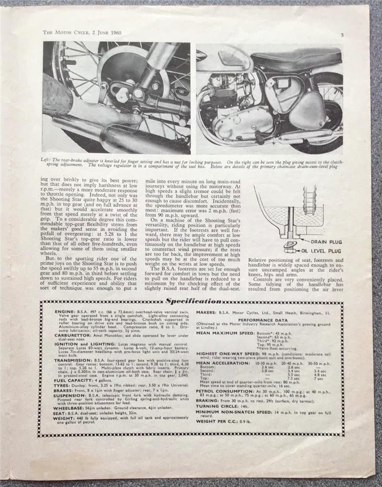 BSA 497cc SHOOTING STAR Motorcycle ROAD TEST The Motor Cycle Reprint ...