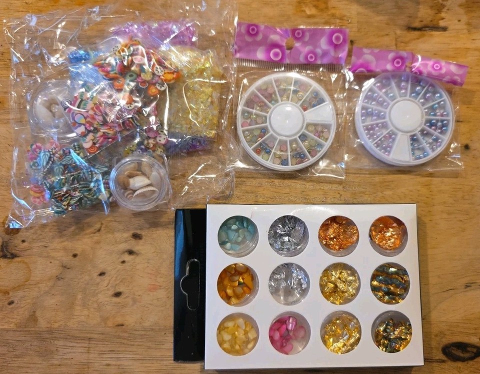 Glitter Nail Kit Colorful Sparkles Shells Flowers Gems New | eBay