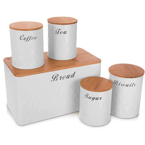 5Pcs Storage Kitchen Tins Canister Set Bamboo Lid Tea Coffee Sugar Bin ...