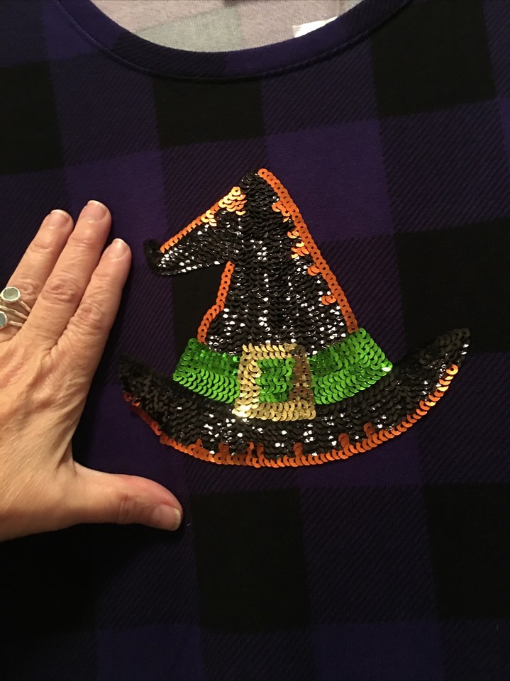 Quacker Factory Women's Top Sz 1X Halloween Purple Plaid Cozy Sequin ...