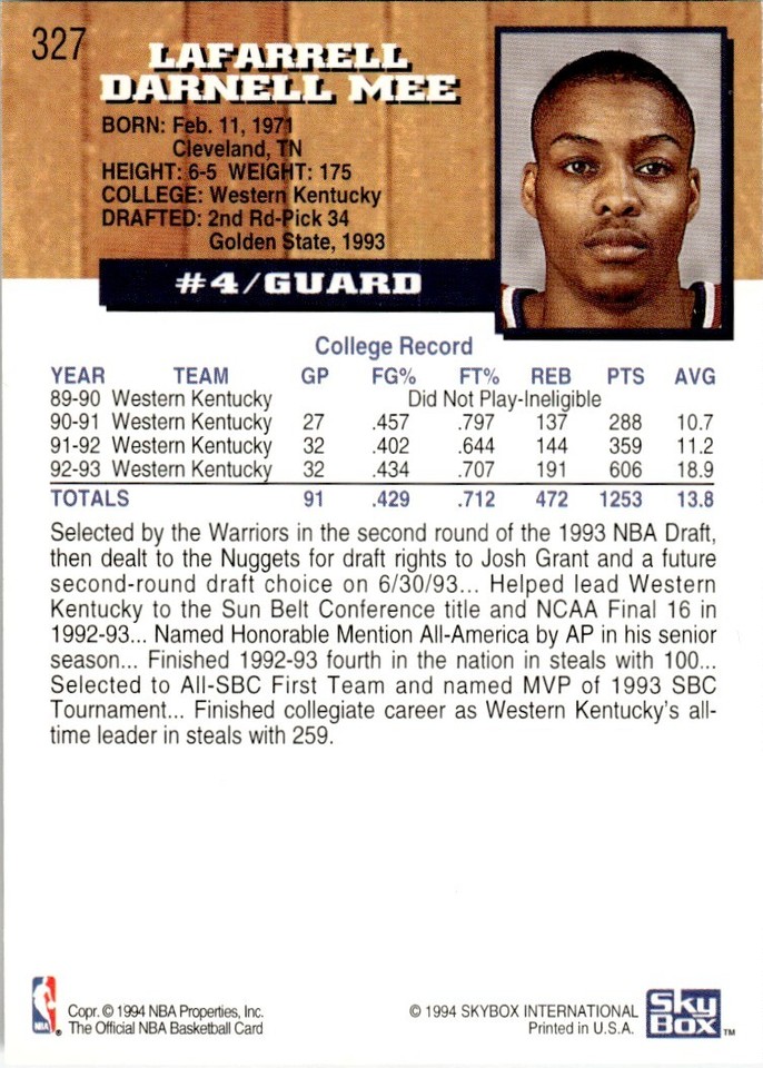 1993-94 NBA Hoops Basketball Card Darnell Mee Denver Nuggets #327 | eBay