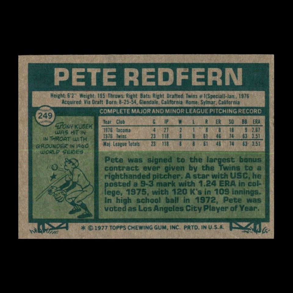 Pete Redfern 1977 Topps Rookie Minnesota Twins #249 Set Break NICE! 2 ...