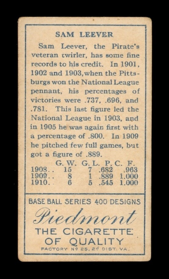 1911 T205 Gold Border Set-Break Sam Leever Piedmont VG-VGEX (crease ...