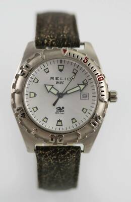 Relic White Mens Stainless Silver Brown Leather 50m Battery Date Quartz ...