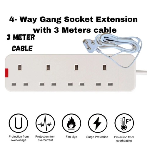 4 Way Gang /3M Cable Power Strp Surge Protect Extension Lead Extra Plug ...