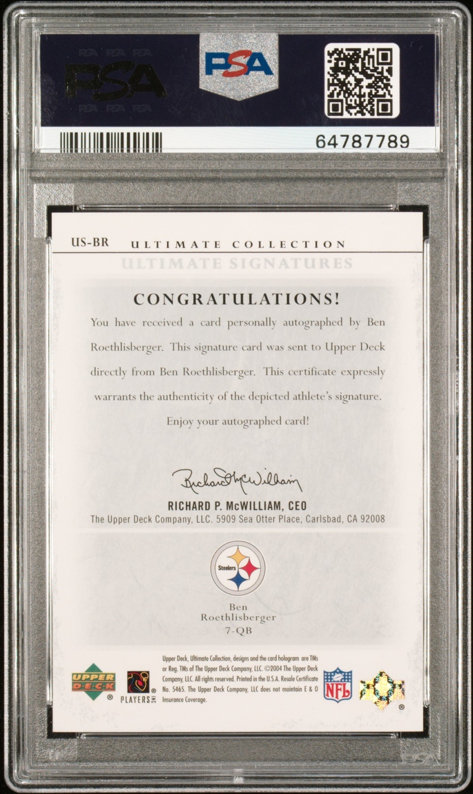 2004 Ultimate Collection Ben Roethlisberger Autograph Auto #/100 RC PSA ...