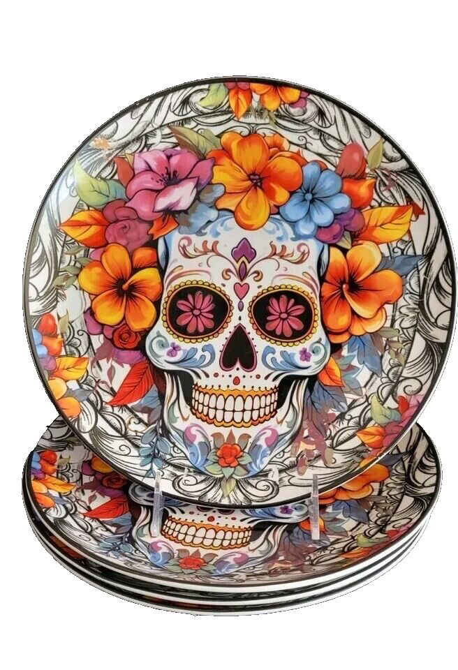 Eaton Fine Dining Day Of The Dead 4 Pc Dinner Plates Set Skull Floral ...