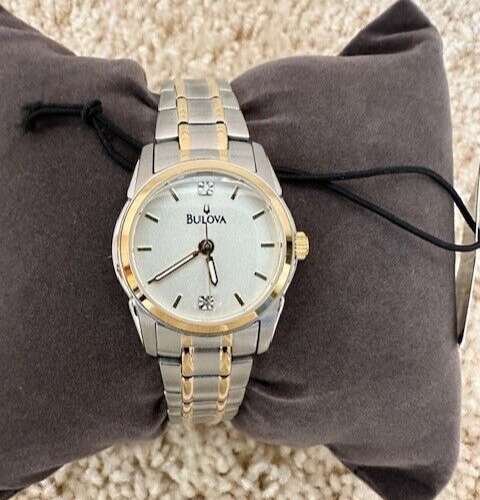 Bulova Ladies 2 Diamonds Gold and Silver Watch with Bracelet 98M105 ...