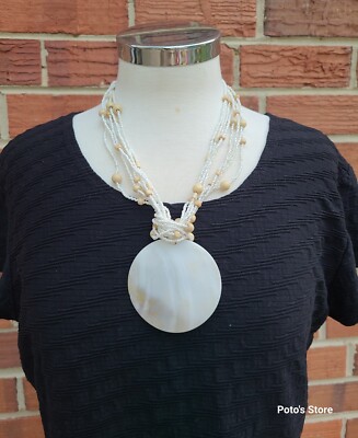 Seashell White Beaded Multi Strand Necklace Beach Costume Jewelry Sea ...