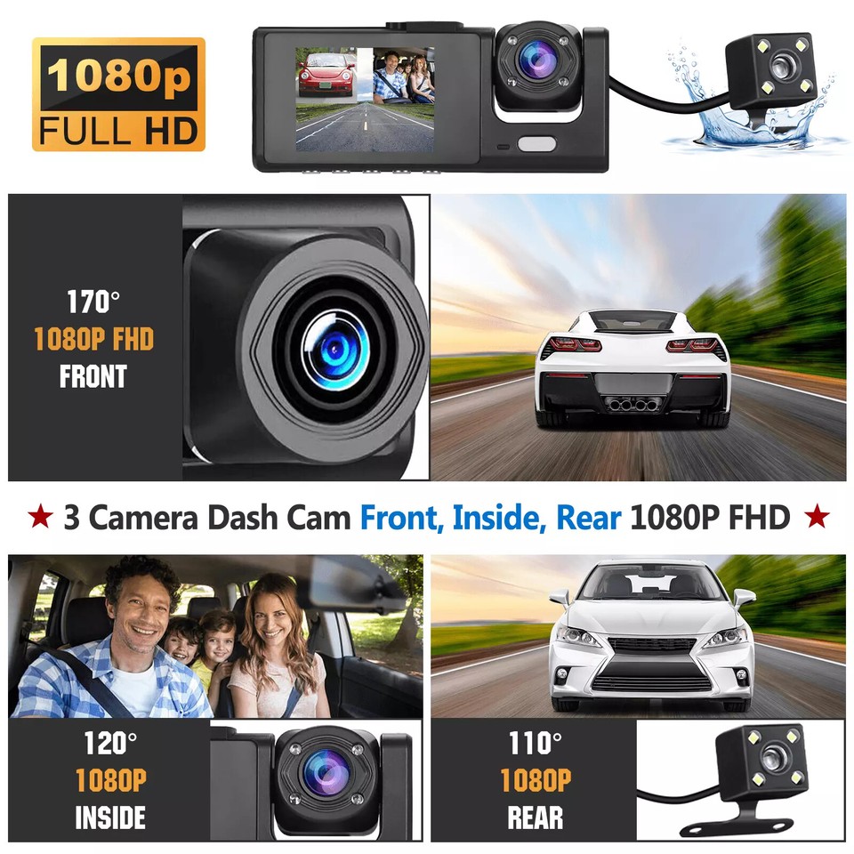 Dash Cam HD 1080p Car Dual Lens Front/Rear/Inside Video Recorder Camera ...