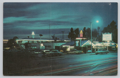 Postcard Oxnard California Colonial House Restaurant Exterior at Night ...