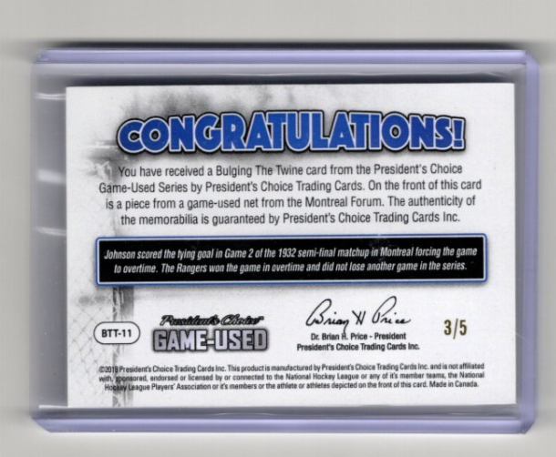 2018 PRESIDENTS CHOICE GAME USED BULGING THE TWINE CHING JOHNSON 3/5 ...