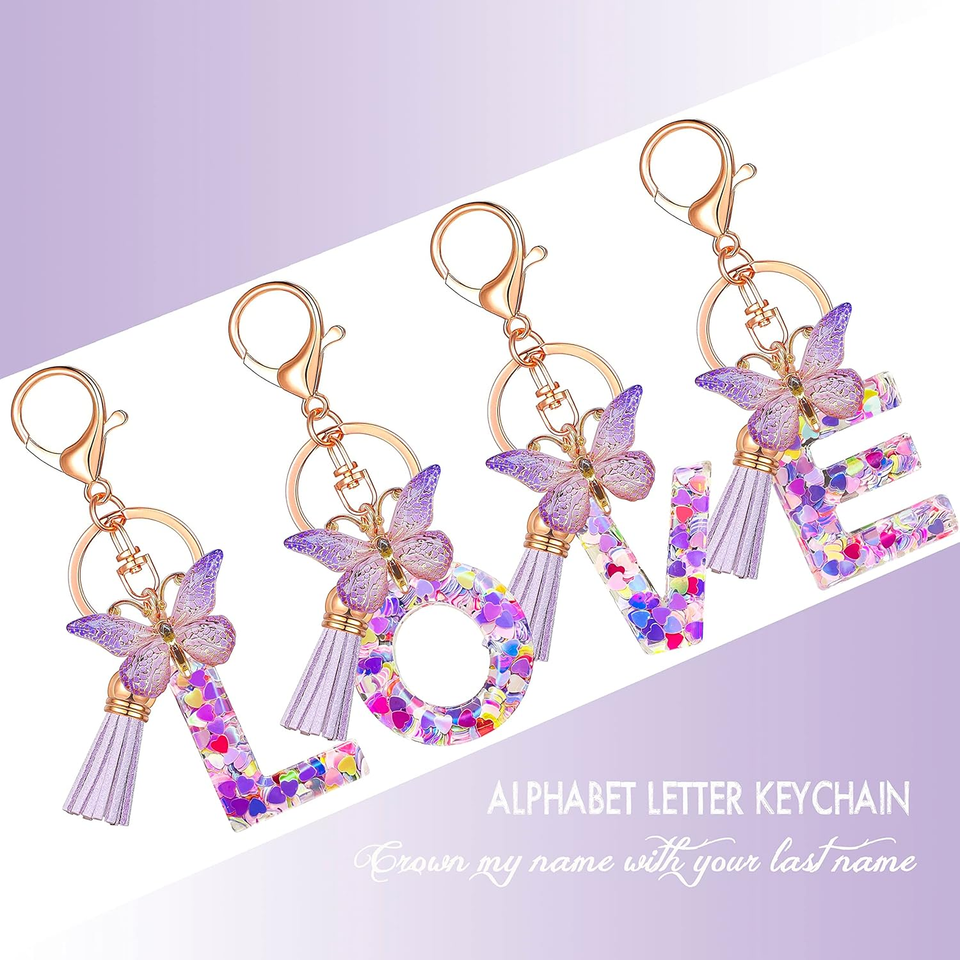 Initial letter Keychains for Women Tassel Butterfly Pink Purple Cute ...
