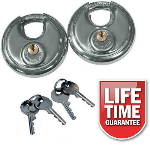 2 x 70mm KEYED ALIKE DISC STAINLESS STEEL PADLOCKS + 4 KEYS - HARDENED ...