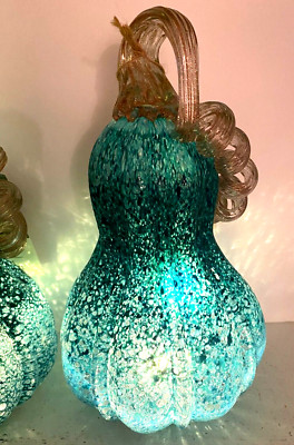 Blown Blue Glass Pumpkin Gourd LED Lighted Curly Stem Thanksgiving ...
