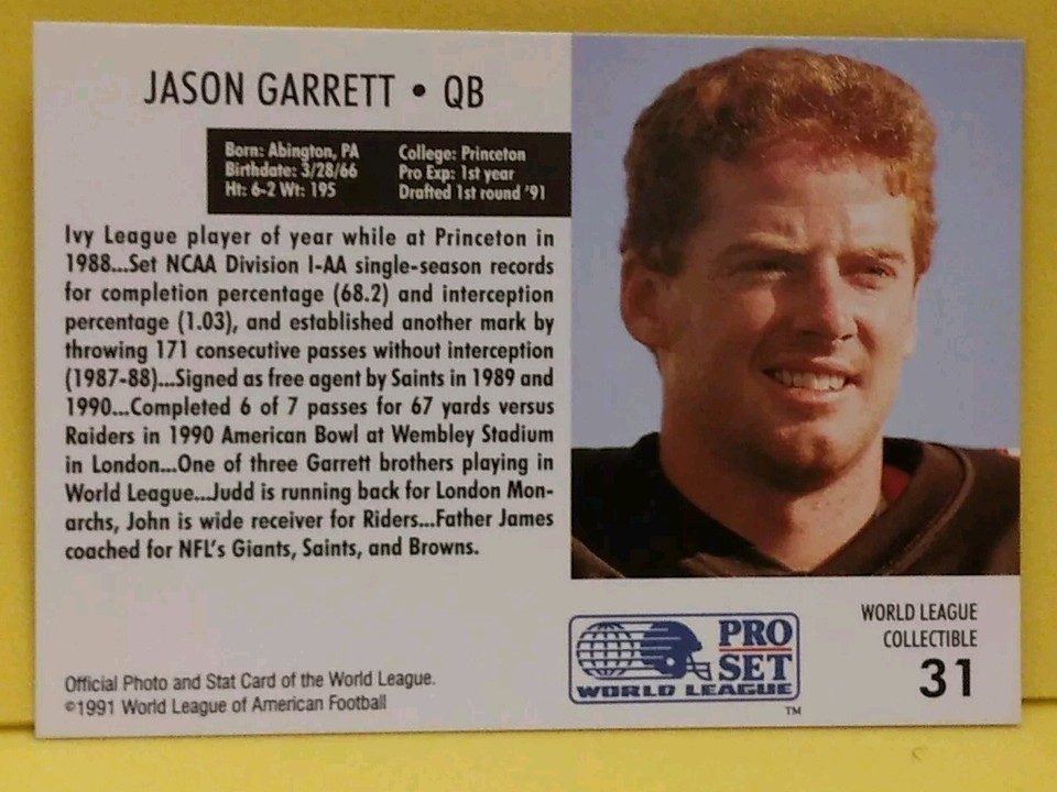 1991 ProSet #31 The Official World League Card JASON GARRETT San ...