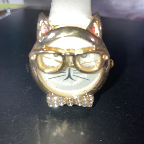 Kitty Cat Watch With Vinyl Band Rhinestone Bow Tie Gold Tone Eyeglasses ...