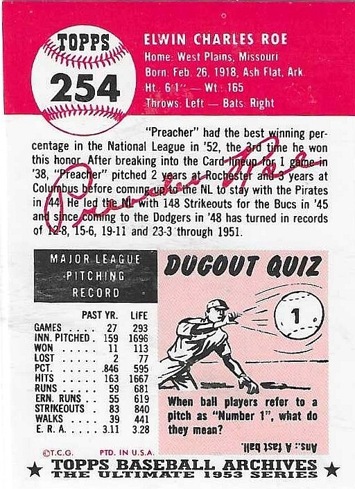 Preacher Roe 1991 Archives/1953 Topps (5053) | eBay