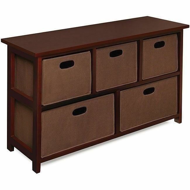 Cherry Finish 5 Bin Storage Shelf Unit Entryway Organizer Brown Baskets ...