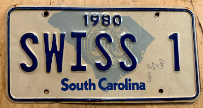 1980 SOUTH CAROLINA VANITY LICENSE PLATE " SWISS 1 " SWITZERLAND GENEVA ...