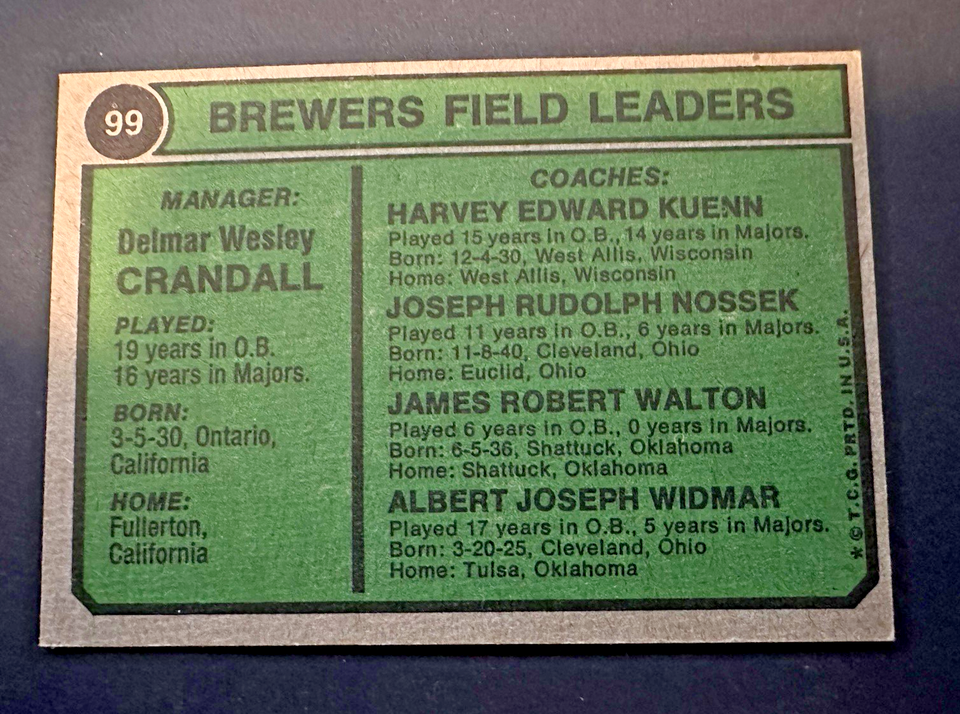 1974 Topps #99 Brewers Coaches Vg Baseball Card | eBay