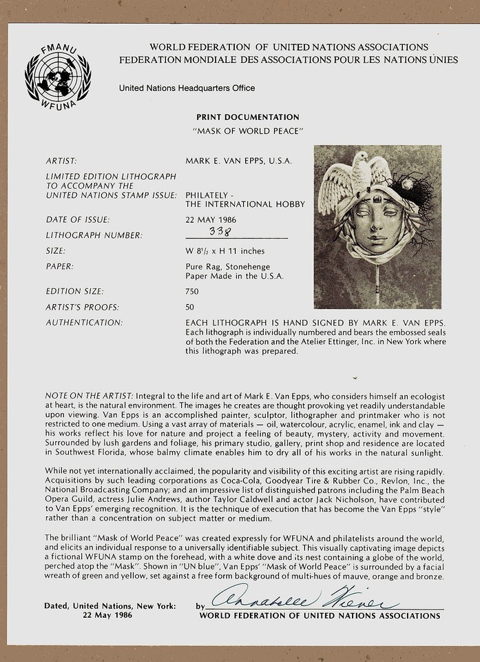 MARK VAN EPPS ( UNITED NATIONS ) WFUNA ART GRAPHIC - 1986 - PHILATELY ...
