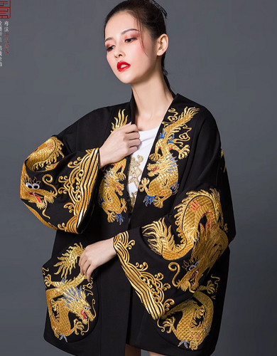 Chinese Embroidery Dragon Robe Womens Stand Collar Silk Coats Jackets ...