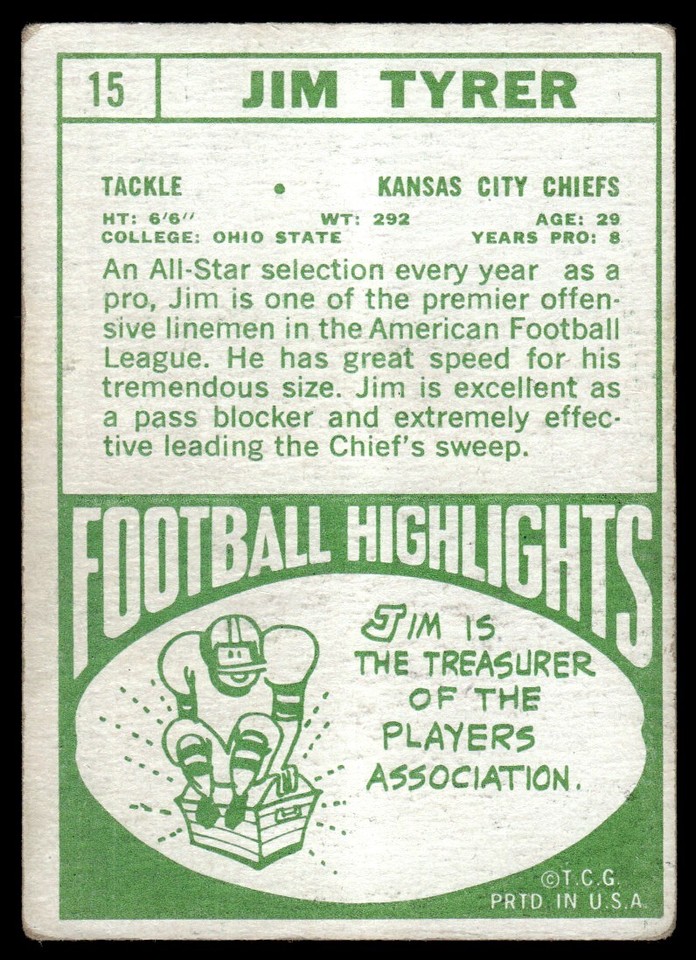 1968 TOPPS JIM TYRER KANSAS CITY CHIEFS #15 | eBay
