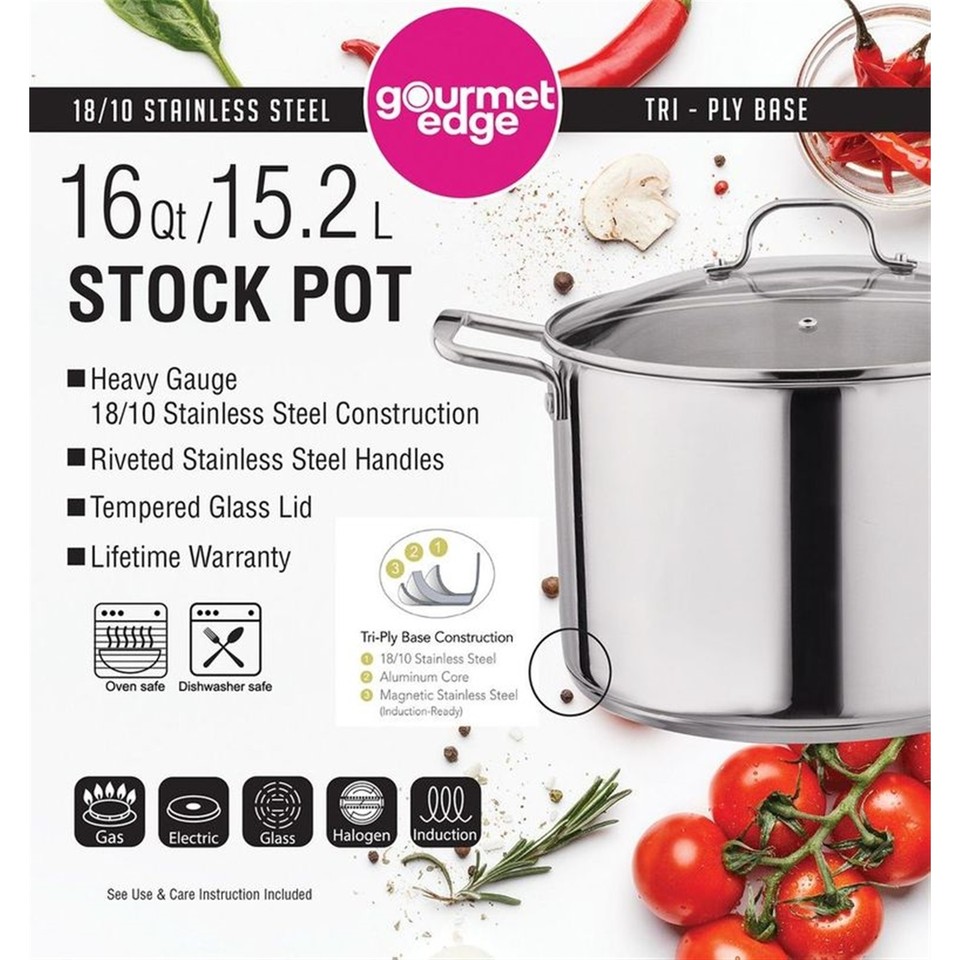 Gourmet Edge Stock Pot - Stainless Steel Cooking Pot with Lid, Silver ...
