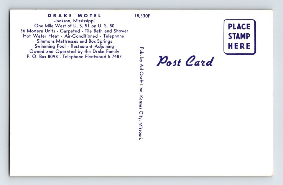 Postcard Mississippi Jackson MS Drake Motel 1950s Unposted Chrome | eBay