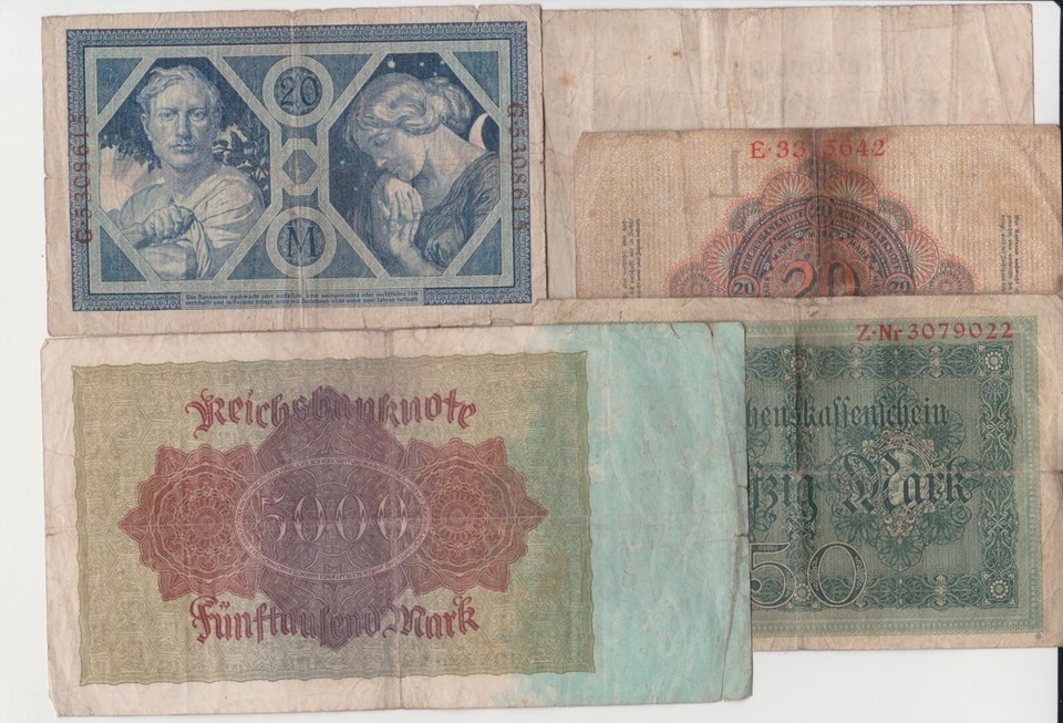 Lot Germany Weimar Reich 5 banknotes 1910-... reichsmark, WW1- money ...