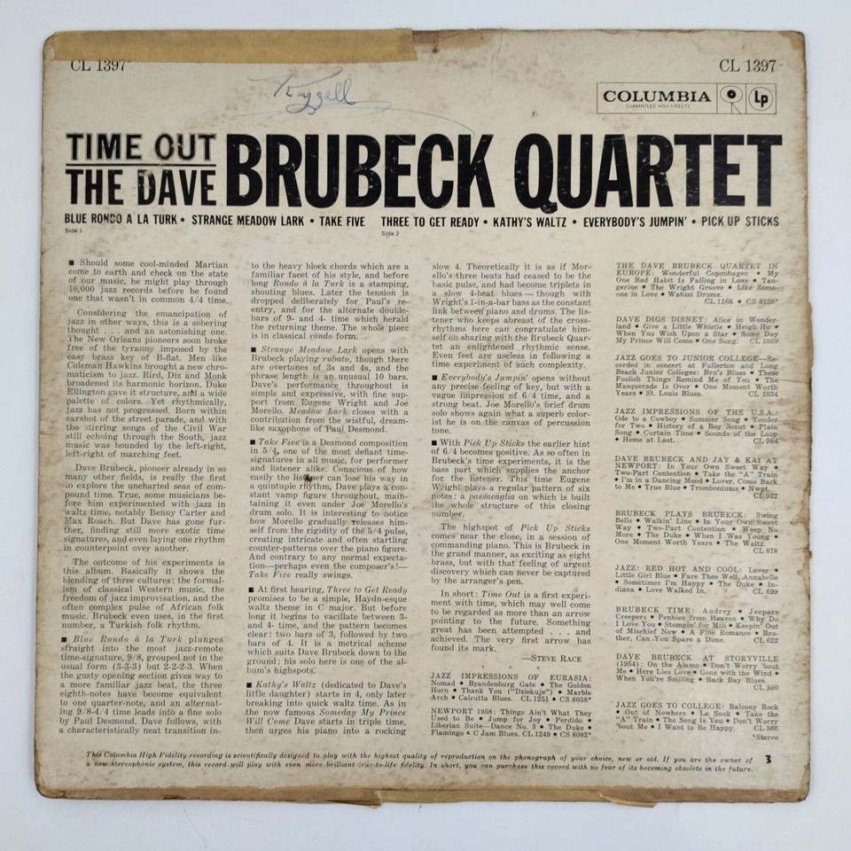The Dave Brubeck Quartet - Time Out Vinyl LP Columbia CS 8192 1961 ...