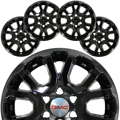 4 BLACK 2014-20 GMC SIERRA 1500 YUKON 18" Wheel Skins Hub Caps Alloy ...
