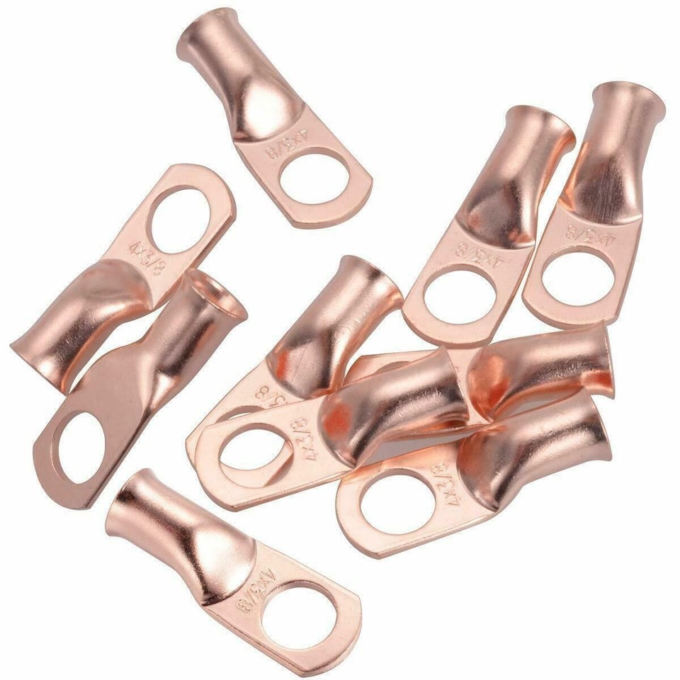 10 Pack 4 AWG 3/8" Bare Copper Ring Terminals Lug Crimp Battery Wire ...