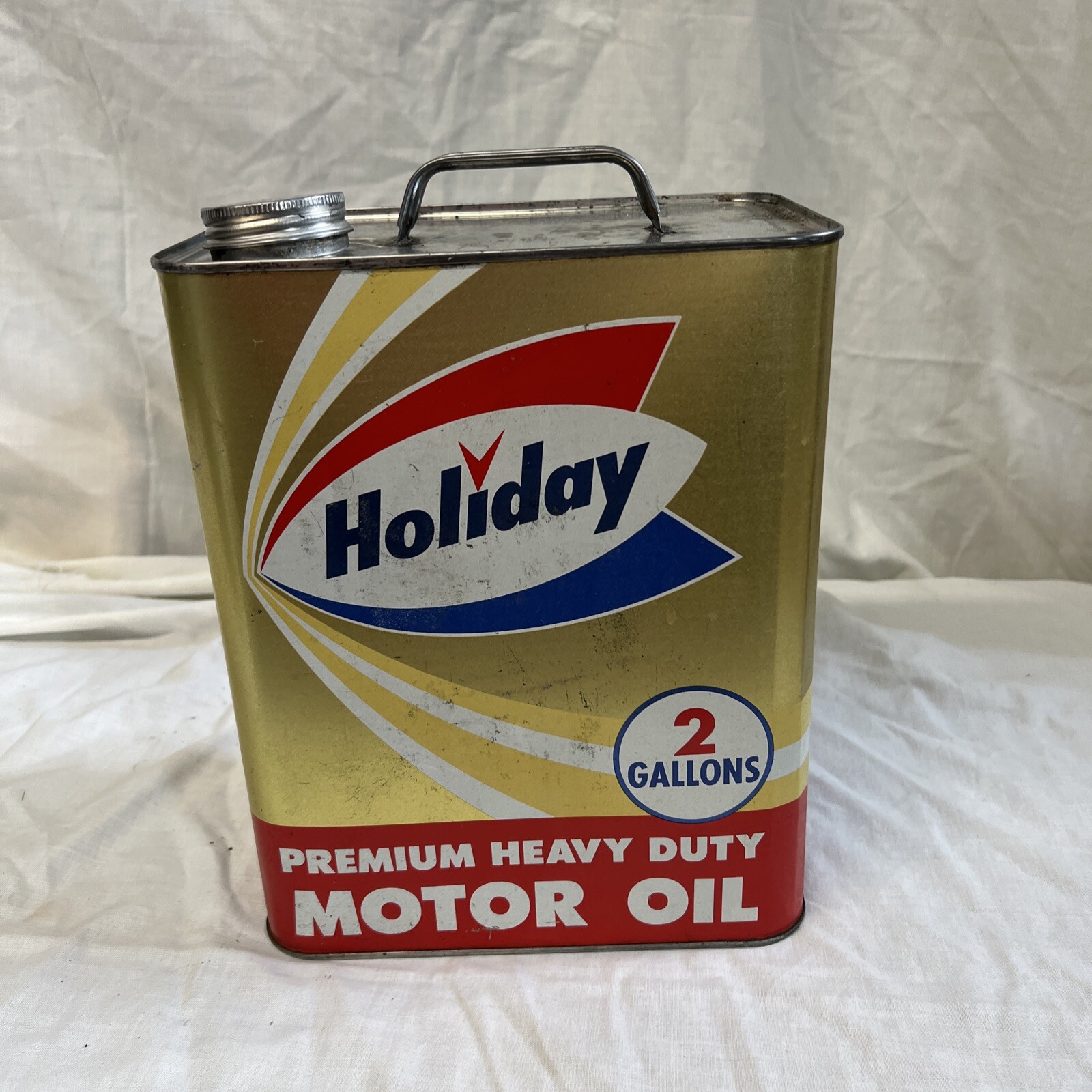 VINTAGE ADVERTISING HOLIDAY MOTOR OIL 2 GALLON CAN S-1+ TIN GARAGE SHOP ...