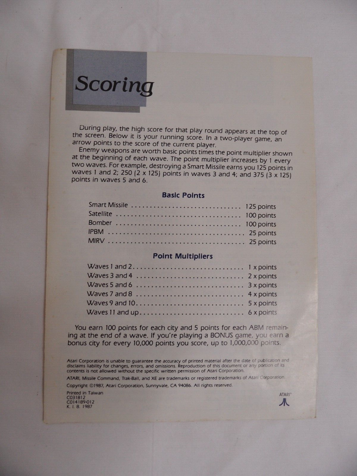 Vintage Atari XE Missile Command Classic Video Game Manual Booklet only ...