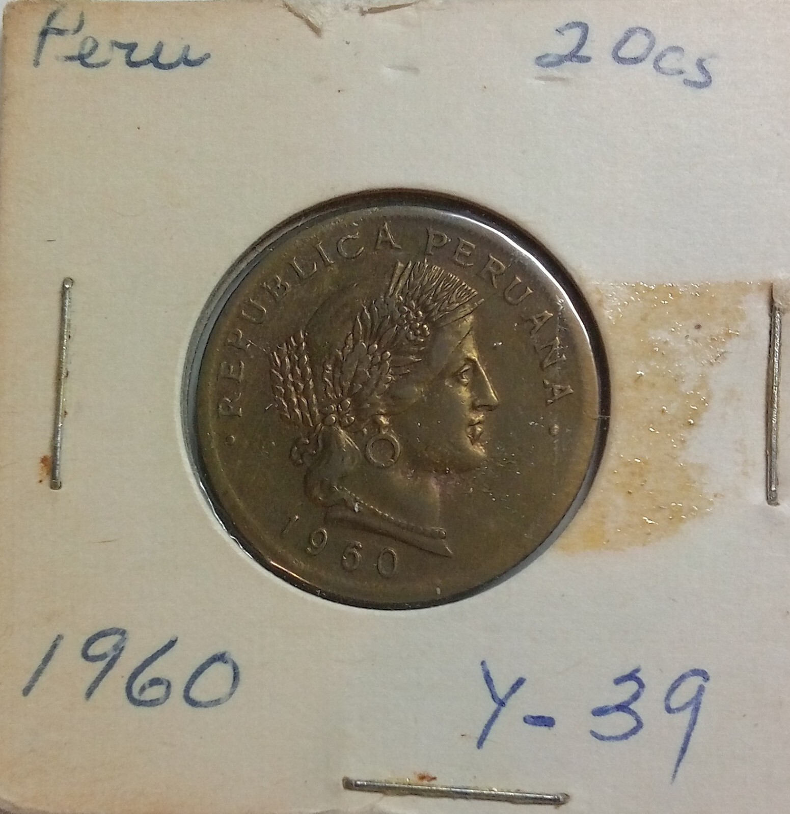 Peru Peruvian 2 Coin LOT 20 Centavos 1960 10 Centavos 1963 Carded ...