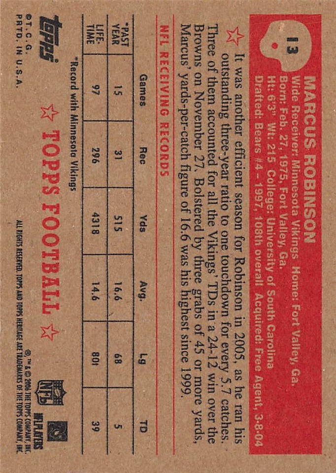 2006 Topps Heritage #13 Marcus Robinson Minnesota Vikings | eBay