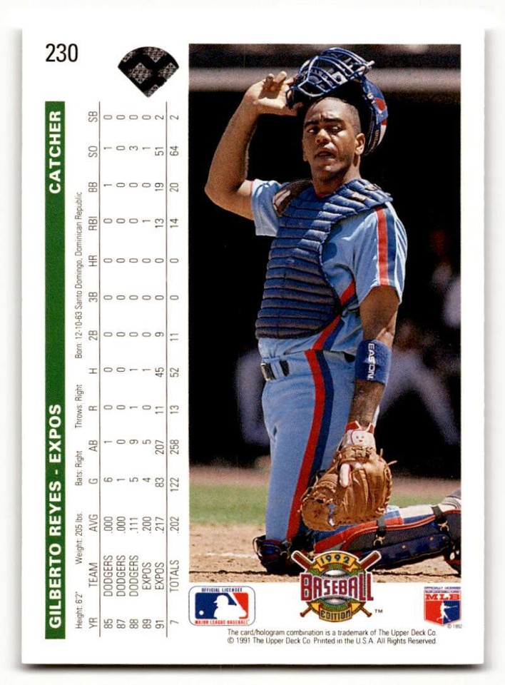 1992 Upper Deck #230 Gilberto Reyes Montreal Expos Baseball Cards EX ID ...