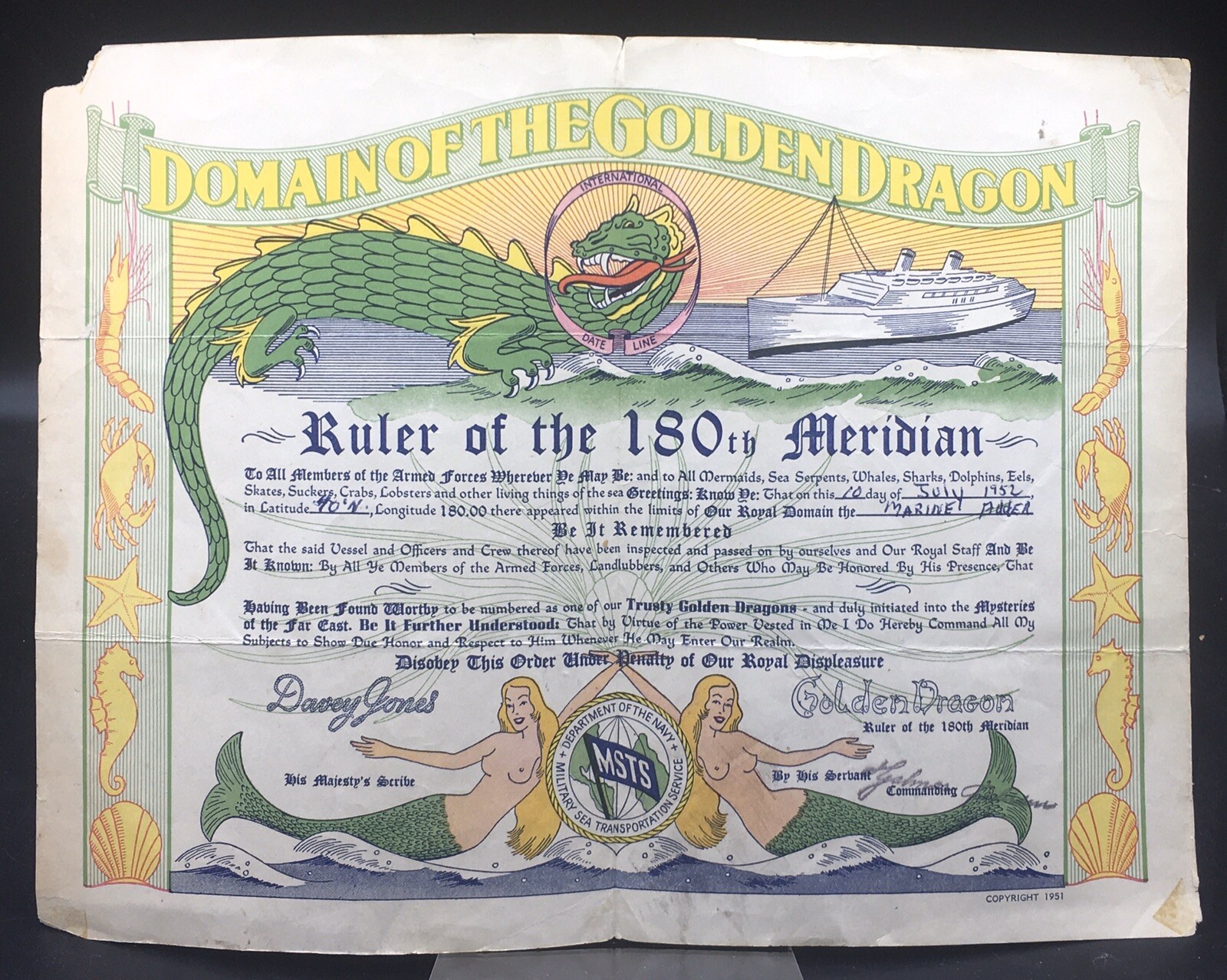 1952 Domain Of The Golden Dragon Certificate Ruler of the 180th ...