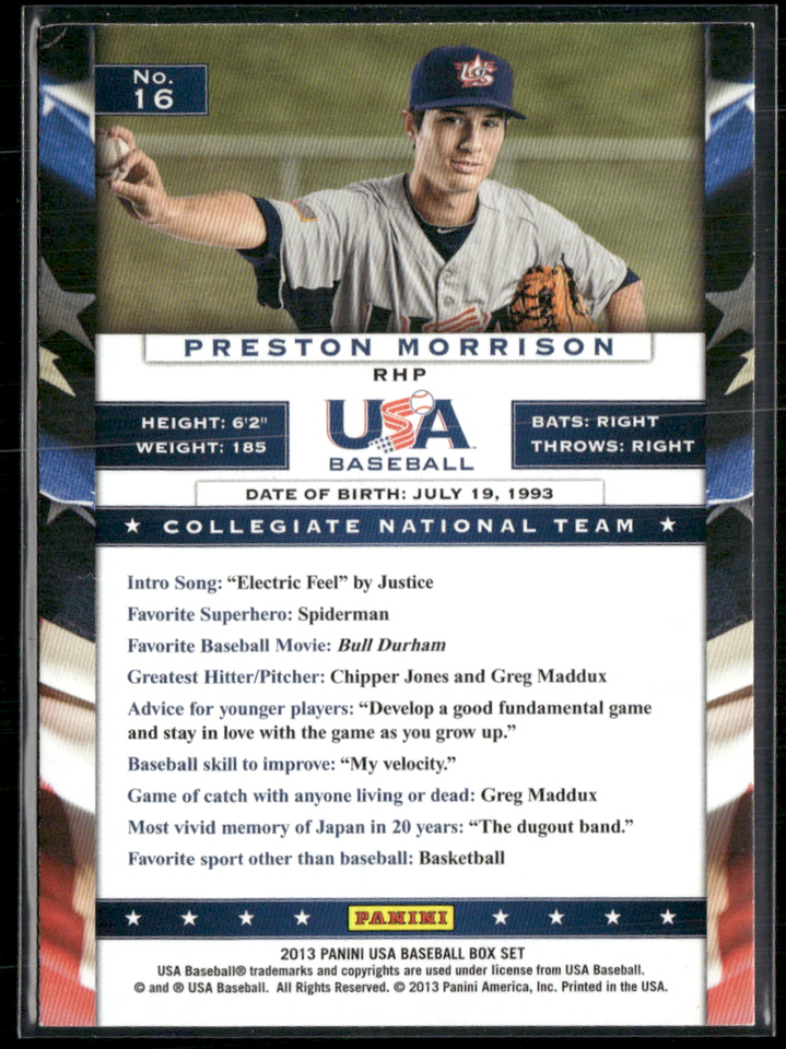 Preston Morrison Signed 2013 Panini USA Baseball IP Auto #16 | eBay