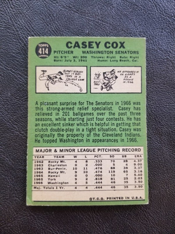 CASEY COX 1967 TOPPS BASEBALL CARD # 414 WASHINGTON SENATORS | eBay