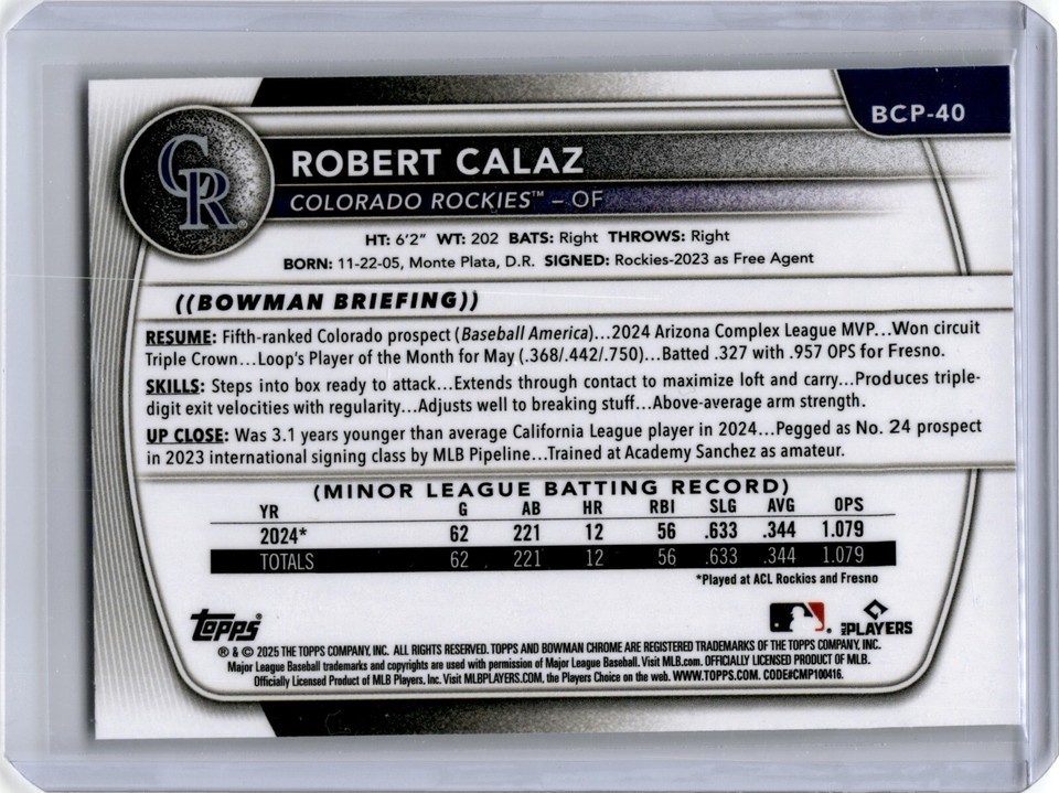 2025 Bowman Baseball Robert Calaz Chrome #BCP-40 Rockies | eBay