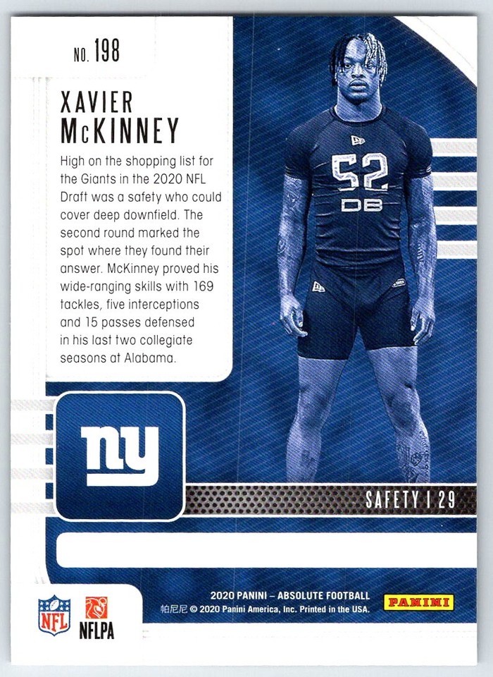 2020 Panini Absolute Football Card Xavier McKinney #198 RC New York ...