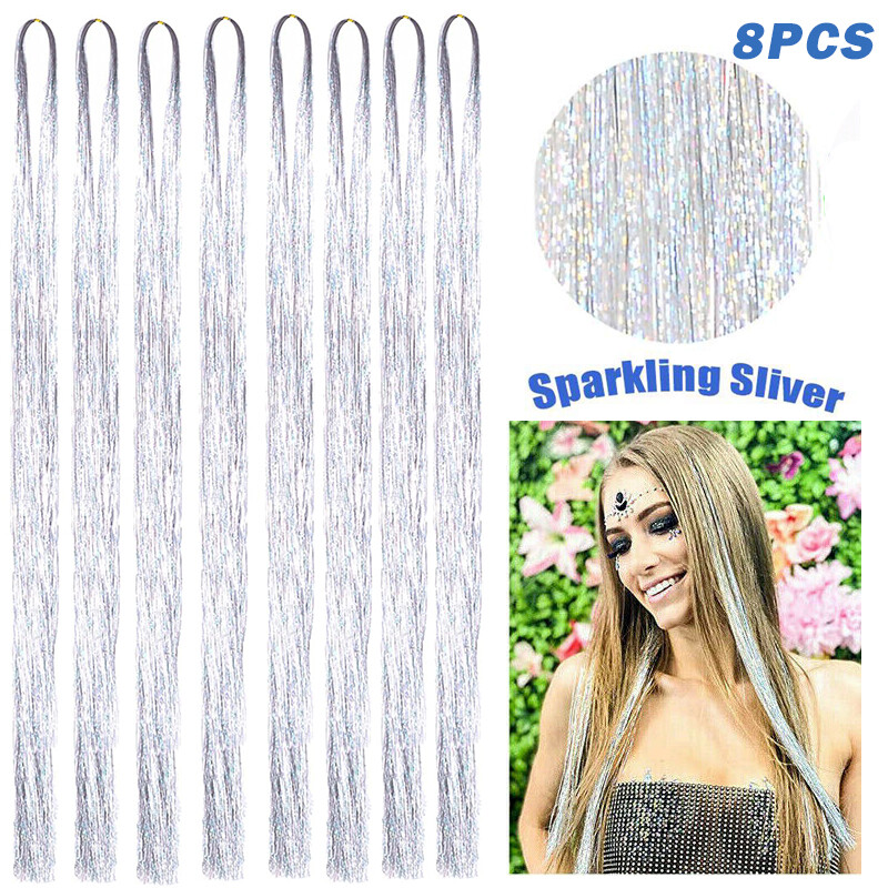 12 Colors 2400 Strands Hair Tinsel Kits Glitter Hair Extensions w/ Tool ...