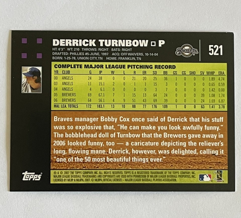 TOPPS 2007 MLB DERRICK TURNBOW #521 PITCHER MILWAUKEE BREWERS BASEBALL ...