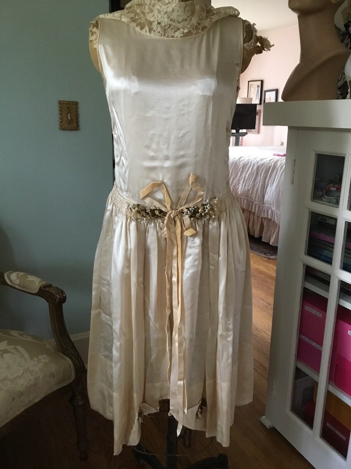 Vintage Antique 1920’s Flapper Wedding Dress PANNIERS Wax Flowers ...