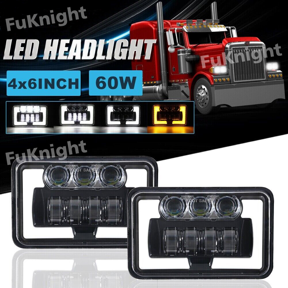 Pair 4x6" Square LED Headlights Hi-Lo DRL Lamp for Western Star 4900 ...